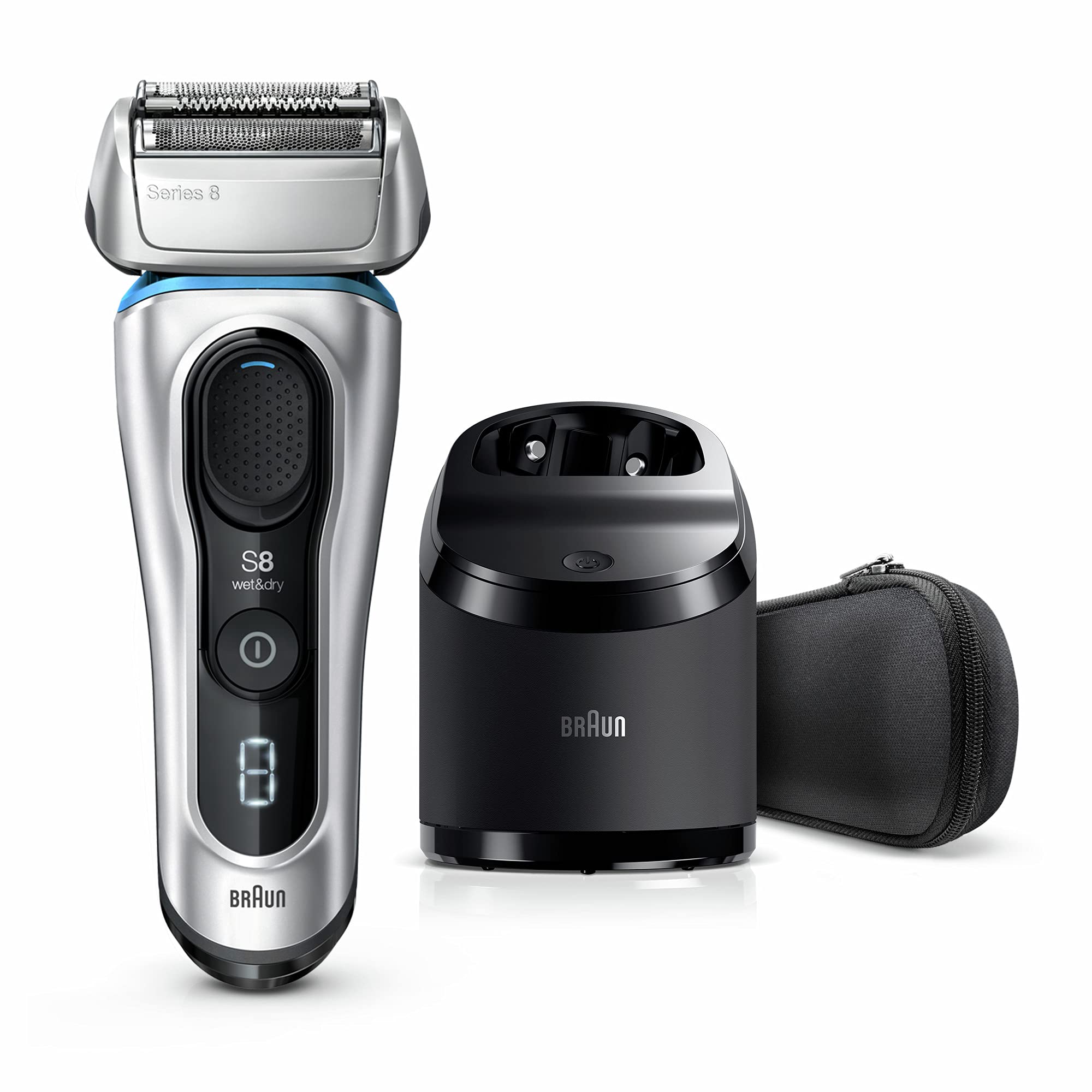 Braun Series 8 8370cc Next Generation, Electric Shaver, Rechargeable & Cordless Razor, Silver, with Clean & Charge Station & Fabric Travel Case