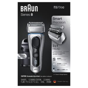 Braun Series 8 8370cc Next Generation, Electric Shaver, Rechargeable & Cordless Razor, Silver, with Clean & Charge Station & Fabric Travel Case