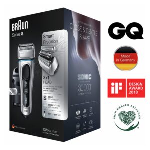 Braun Series 8 8370cc Next Generation, Electric Shaver, Rechargeable & Cordless Razor, Silver, with Clean & Charge Station & Fabric Travel Case