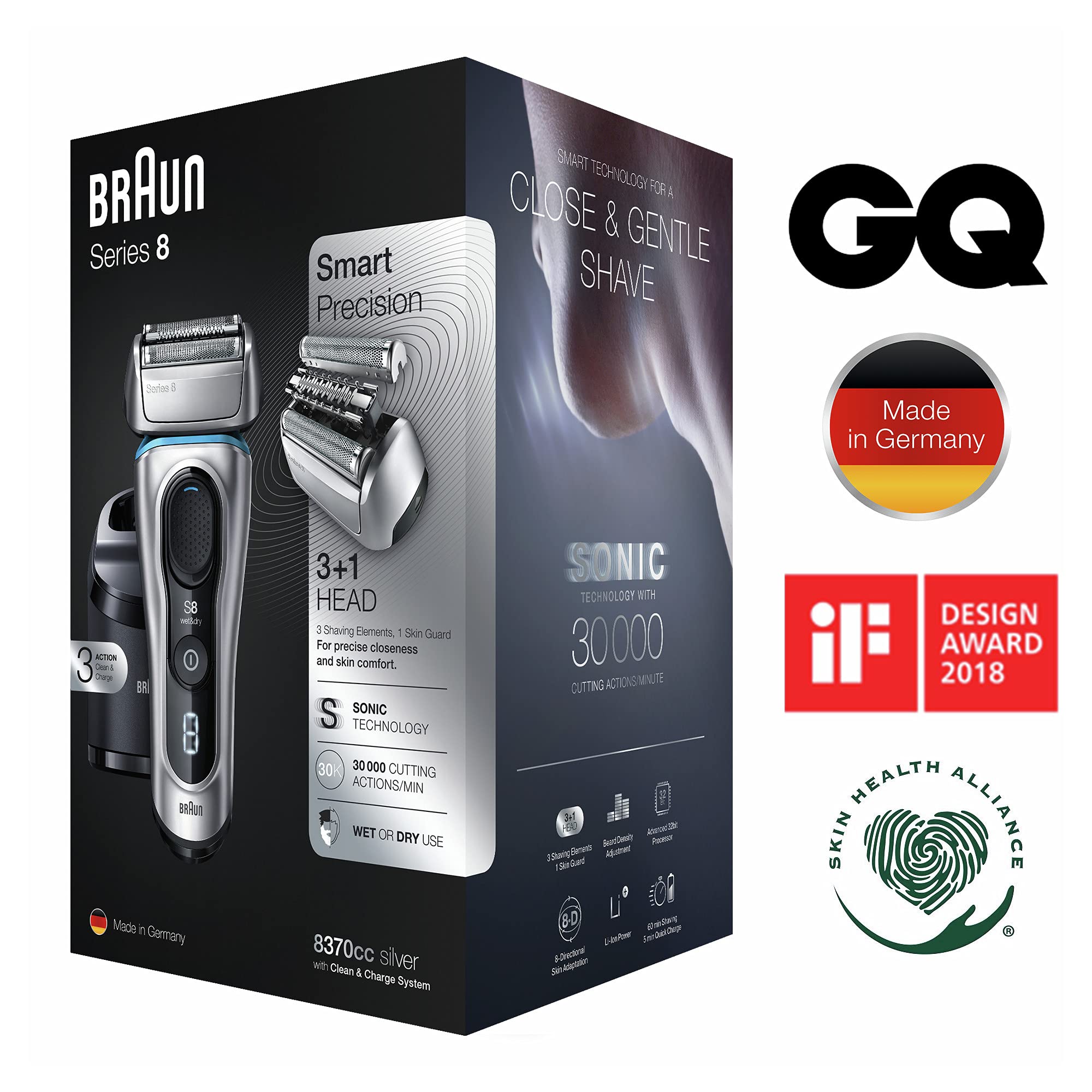 Braun Series 8 8370cc Next Generation, Electric Shaver, Rechargeable & Cordless Razor, Silver, with Clean & Charge Station & Fabric Travel Case