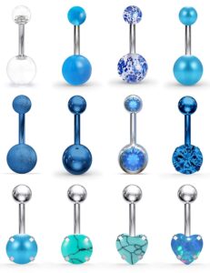 scerring belly button rings 14g stainless steel navel belly earring cz heart opal navel ring barbell body piercing jewelry 12pcs blue