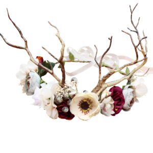 LLinfflr Deer Antler Hair Band Deer Headband with Flowers Antler Hair Hoop Flower Headband Party Cosplay Costume