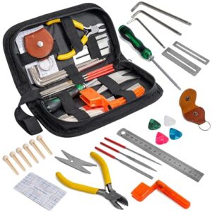 gocohhi guitar repairing tool kit wire plier,string organizer,fingerboard protector,hex wrenches, files, string ruler action ruler, spanner wrench,bridge pins for guitar ukulele bass mandolin (26 pcs)