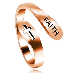 Uloveido 925 Sterling Silver FAITH Cross Adjustable Ring, Rose Gold Plated Hollow Cross Religious Rings for Women Y531