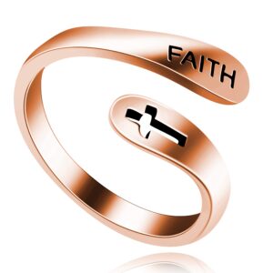 Uloveido 925 Sterling Silver FAITH Cross Adjustable Ring, Rose Gold Plated Hollow Cross Religious Rings for Women Y531