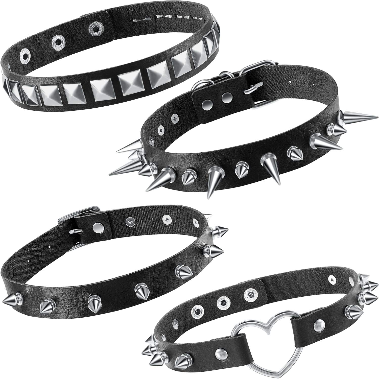 Hicarer 4 Pcs Women Men Cool Punk Choker Gothic Goth Spike Heart Shape Biker Choker PU Leather Collar Studded Rock Necklace (Black)