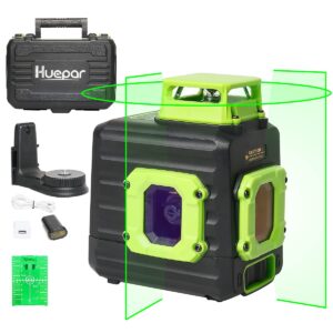 huepar cross line laser level, green 360° horizontal and two vertical lines, self-leveling alignment multi line laser tool, li-ion battery with type-c charging port & hard carry case included - b21cg