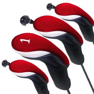 finger ten golf club head covers woods driver fairway hybrid 3/4/5 set, headcovers men 1 3 5 7 x interchangeable number tag, fit all wood clubs (4 pack-red(1d+1f+2h))