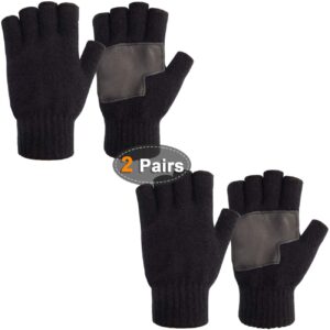 maylisacc winter 2 pair black fingerless gloves with leather patch, warm knit half finger gloves stretchy for texting unisex