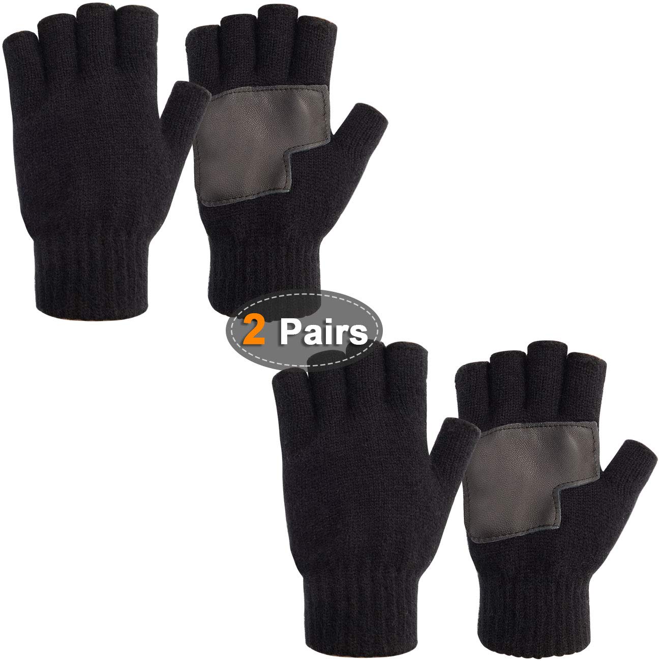 MAYLISACC Winter 2 Pair Black Fingerless Gloves with Leather Patch, Warm Knit Half Finger Gloves Stretchy for Texting Unisex