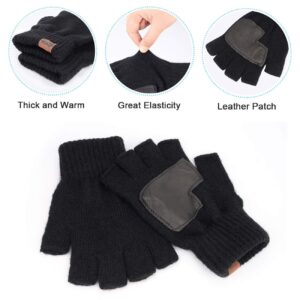 MAYLISACC Winter 2 Pair Black Fingerless Gloves with Leather Patch, Warm Knit Half Finger Gloves Stretchy for Texting Unisex