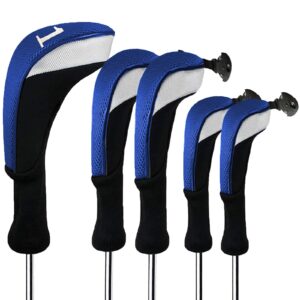 FINGER TEN Golf Club Head Covers Woods Driver Fairway Hybrid 3/4/5 Set, Headcovers Men 1 3 5 7 X Interchangeable Number Tag, Fit All Wood Clubs (5 Pack-Blue(1D+2F+2H))