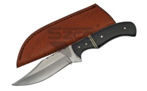 szco supplies 9" horn handle clip point hunting knife with leather sheath,black,203411