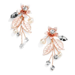 mariell bridal and wedding rose gold handmade dangle earrings with clear crystal gems and ivory pearls