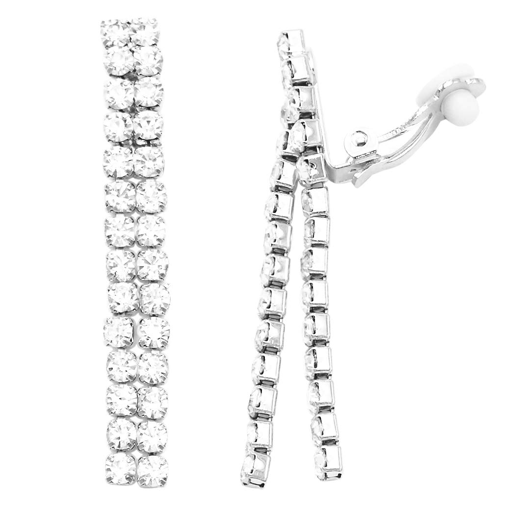 Rosemarie Collections Women's Crystal Rhinestone Fringe Dangle Clip On Drop Earrings (Silver Tone 2 Inch)