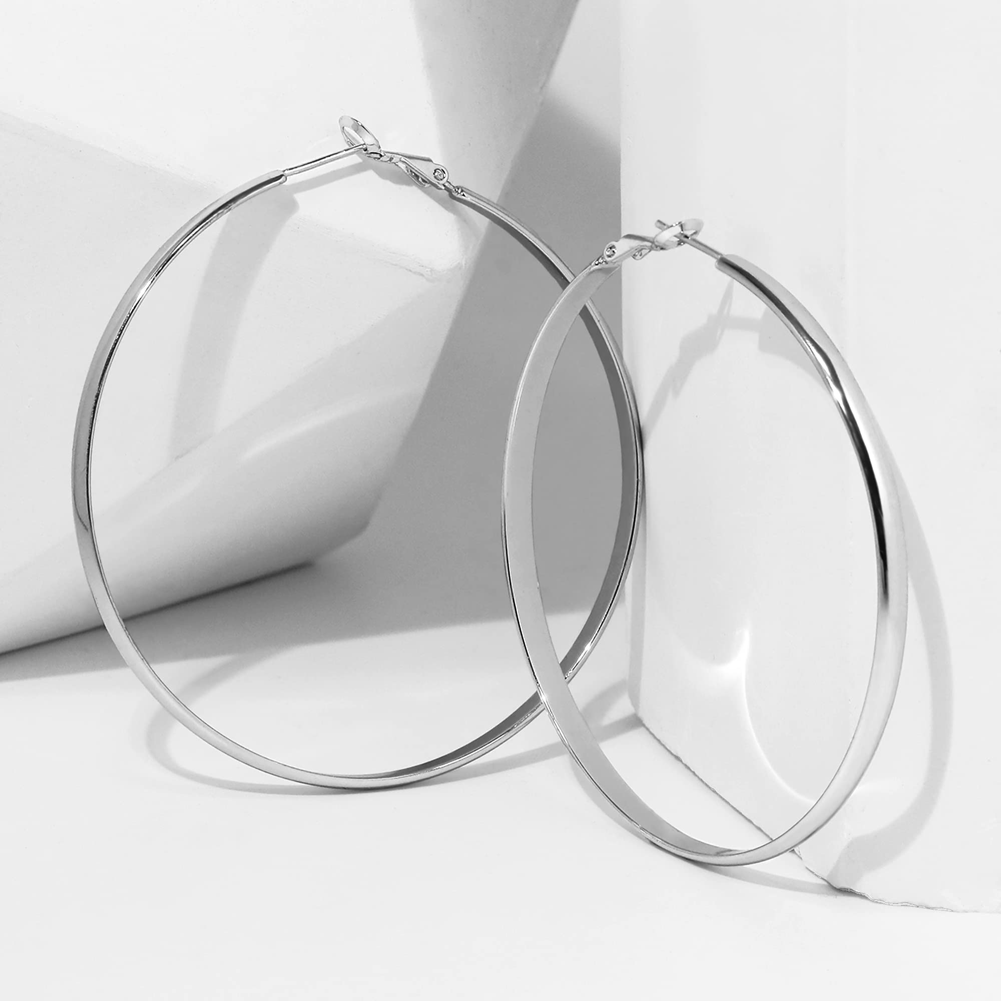 wowshow Large Silver Hoop Earrings for Women, Big Hoop Earrings White Gold Plated Flat Silver Hoops for Women Lightweight