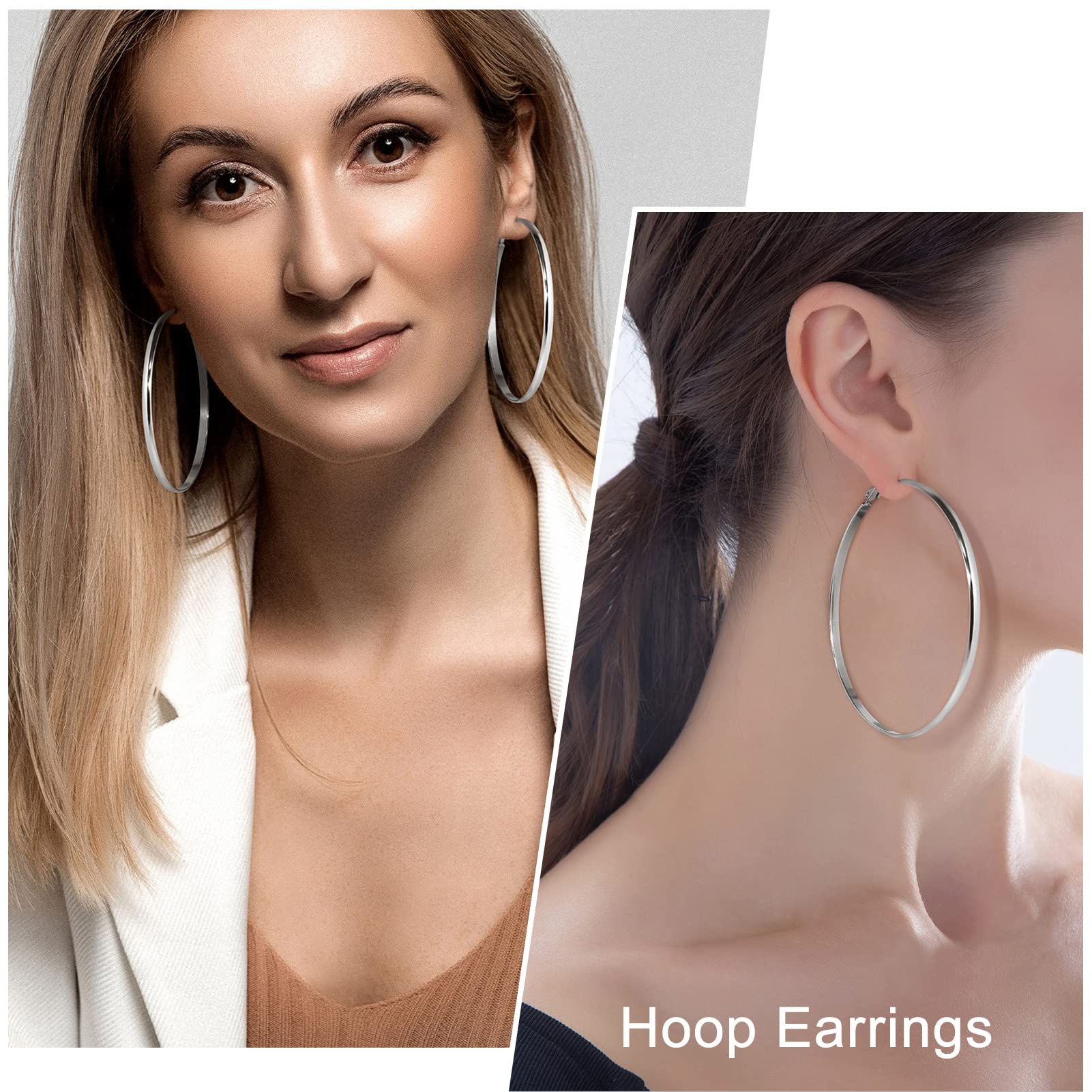 wowshow Large Silver Hoop Earrings for Women, Big Hoop Earrings White Gold Plated Flat Silver Hoops for Women Lightweight