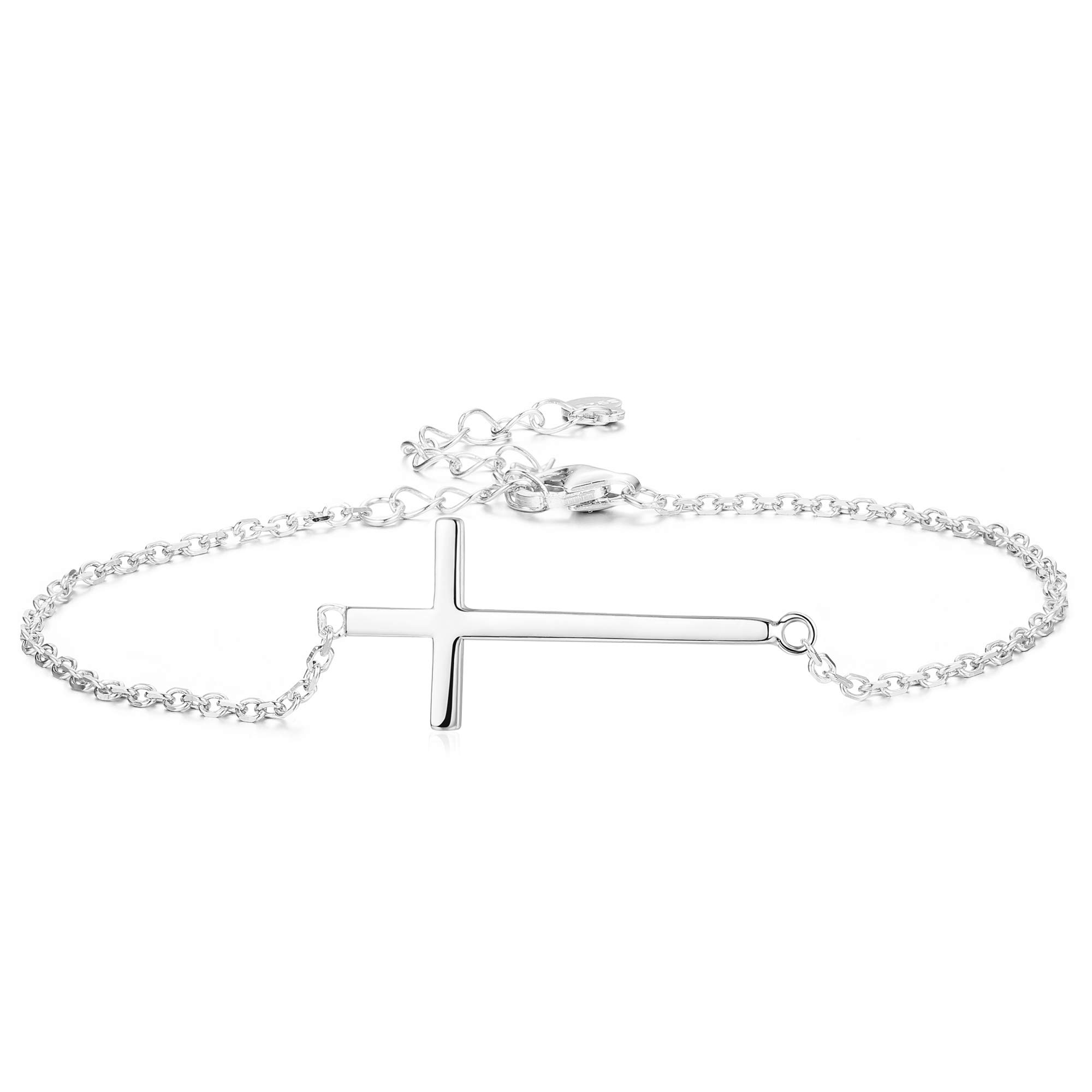 Sllaiss 925 Sterling Silver Sideways Cross Bracelet for Women Religious Chain Bracelet Christian Faith White Gold Plated Adjustable (Silver)