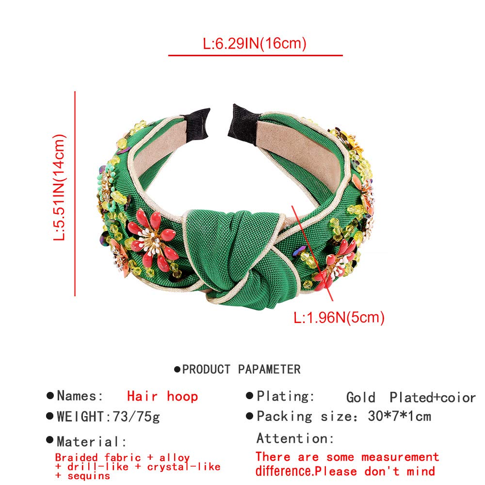 QTMY Rhinestone Crystal Wide Headbands Knot Turban Fashion Vintage Hairband Elastic Hair Hoops Hair Accessories for Women Girls (Green)