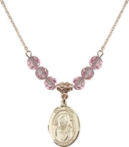 bonyak jewelry 18 inch hamilton gold plated necklace w/ 6mm light rose pink october birth month stone beads and saint david of wales