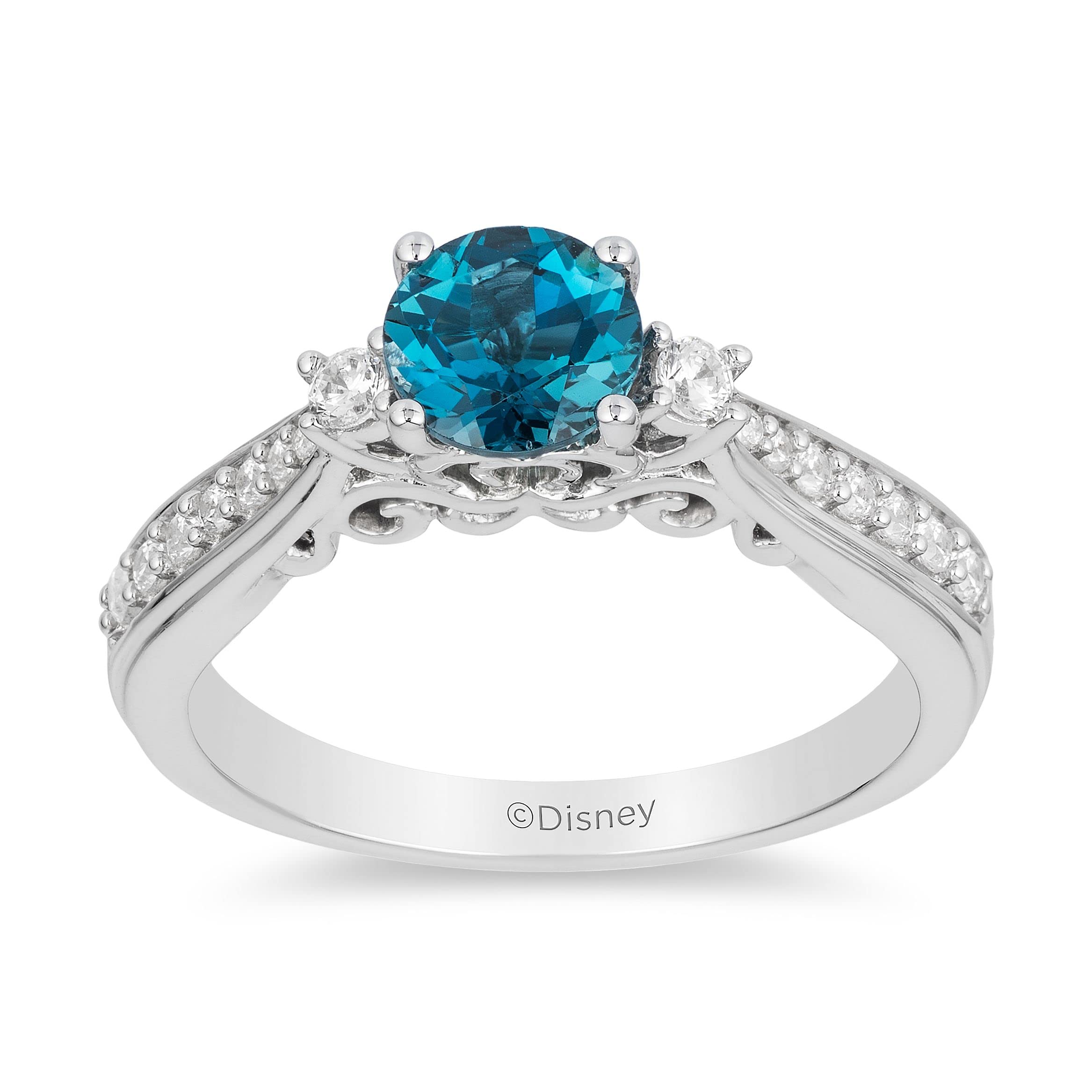 Jewelili Enchanted Disney Fine Jewelry Sterling Silver with 1/5 Cttw Diamond and London Blue Topaz Cinderella Ring, Size 7