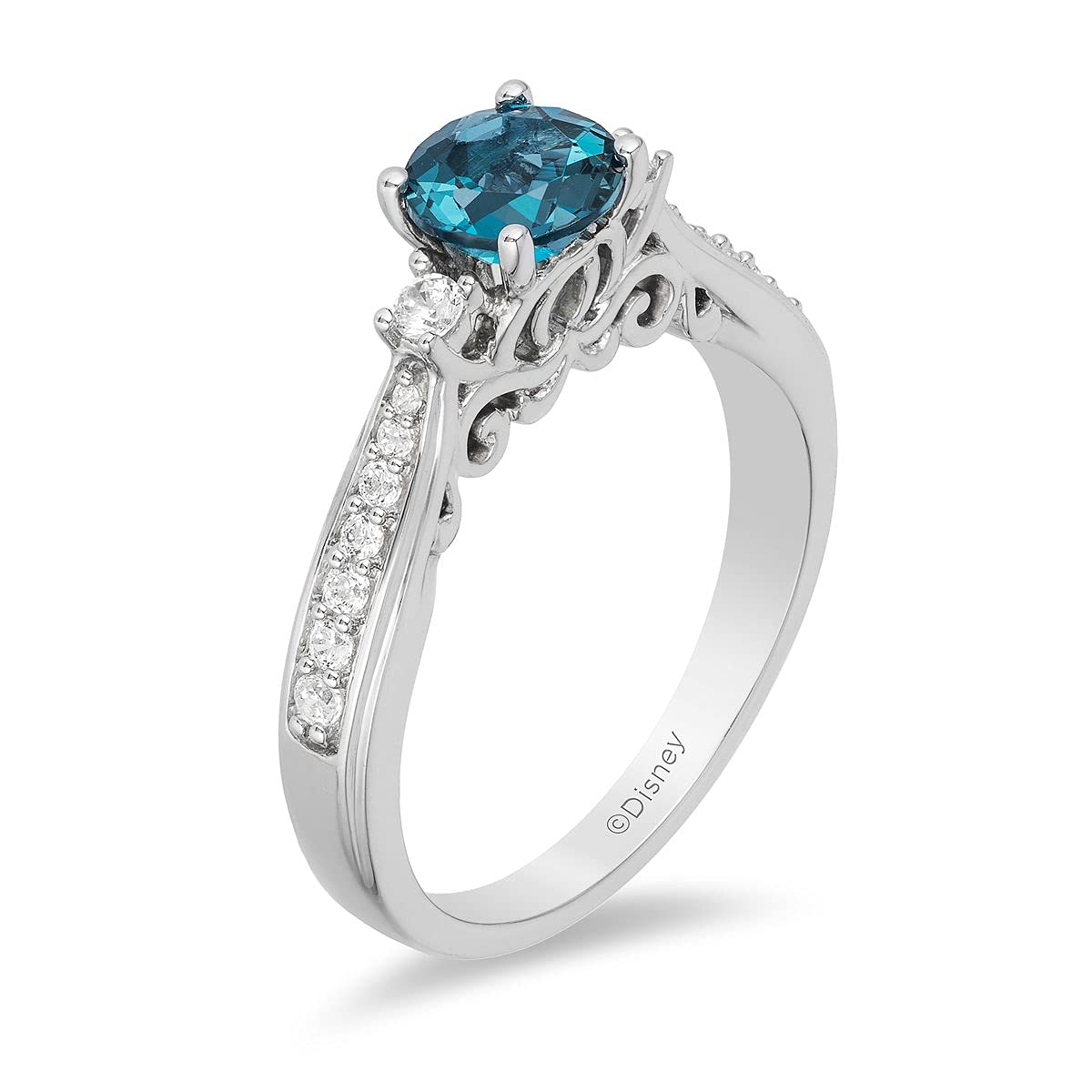 Jewelili Enchanted Disney Fine Jewelry Sterling Silver with 1/5 Cttw Diamond and London Blue Topaz Cinderella Ring, Size 7