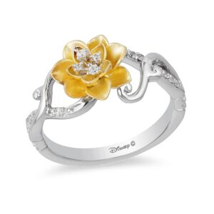 jewelili enchanted disney fine jewelry sterling silver and 10k yellow gold 1/10 cttw diamond tiana water lily ring size 7