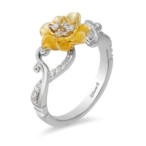 Jewelili Enchanted Disney Fine Jewelry Sterling Silver and 10K Yellow Gold 1/10 Cttw Diamond Tiana Water Lily Ring Size 7