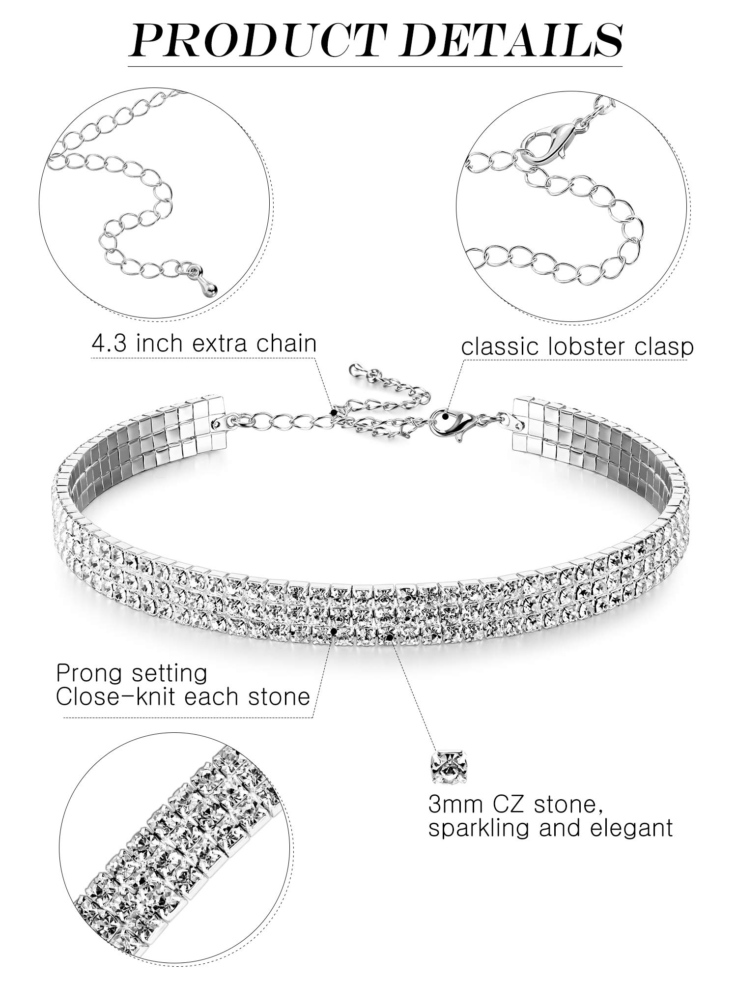 Hicarer 2 Pieces Rhinestone Choker Necklaces 1 and 3 Rows Women Crystal Choker Necklaces