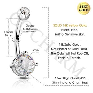 COCHARM 14K White Gold Belly Button Rings for Women Clear CZ White Gold Belly Navel Piercing Jewelry Hypoallergenic Belly Rings