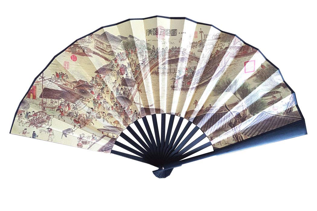 Classic Folding Fan,Bamboo Fan Rib&Printing Cloth of 12+ Pattern Options,13in,折扇 (Pattern 5-Riverside Scene at Qingming Festival(清明上河图))