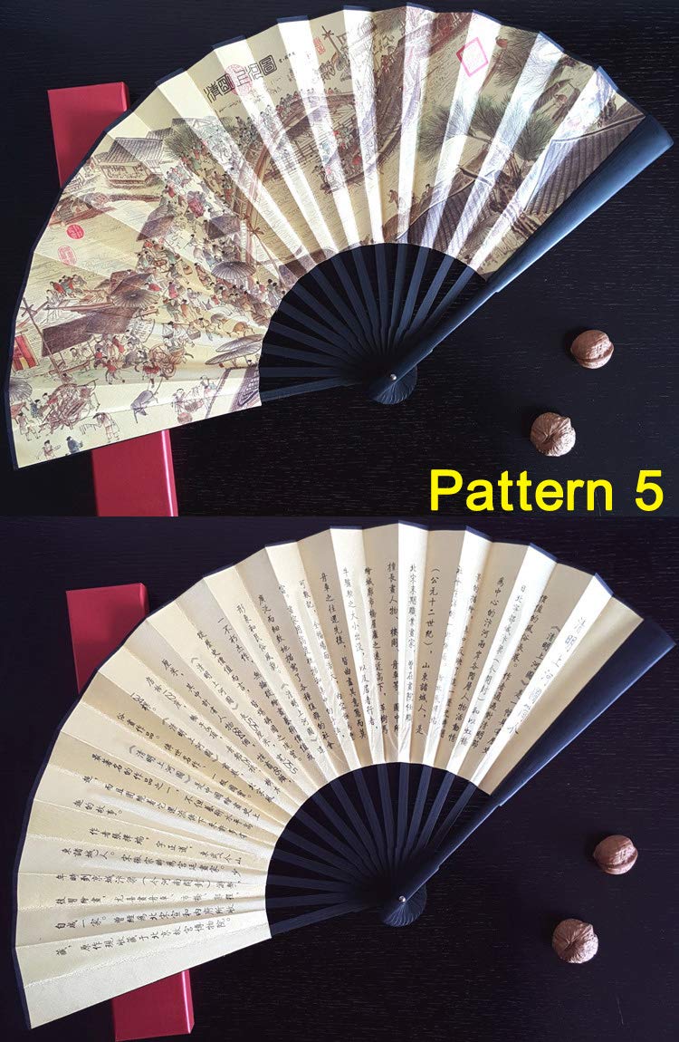 Classic Folding Fan,Bamboo Fan Rib&Printing Cloth of 12+ Pattern Options,13in,折扇 (Pattern 5-Riverside Scene at Qingming Festival(清明上河图))