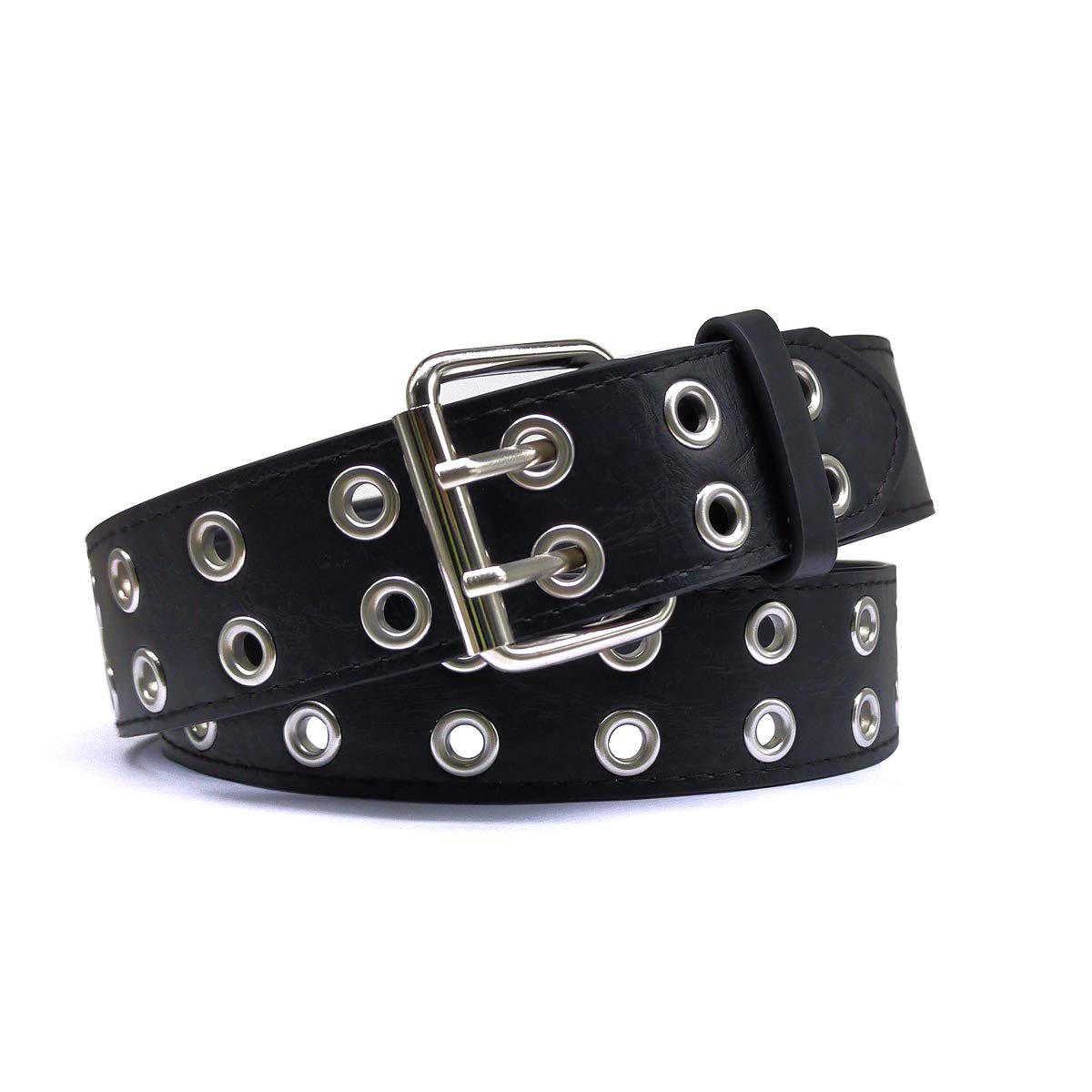 YUCFOREN Double Grommet Punk Leather Belt Unisex 2 Hole Fashion Jeans Belt