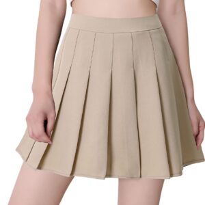 Hoerev Beige Mini Plaid Pleated Skater Tennis School Uniform Skirt with Lining Shorts,US 2