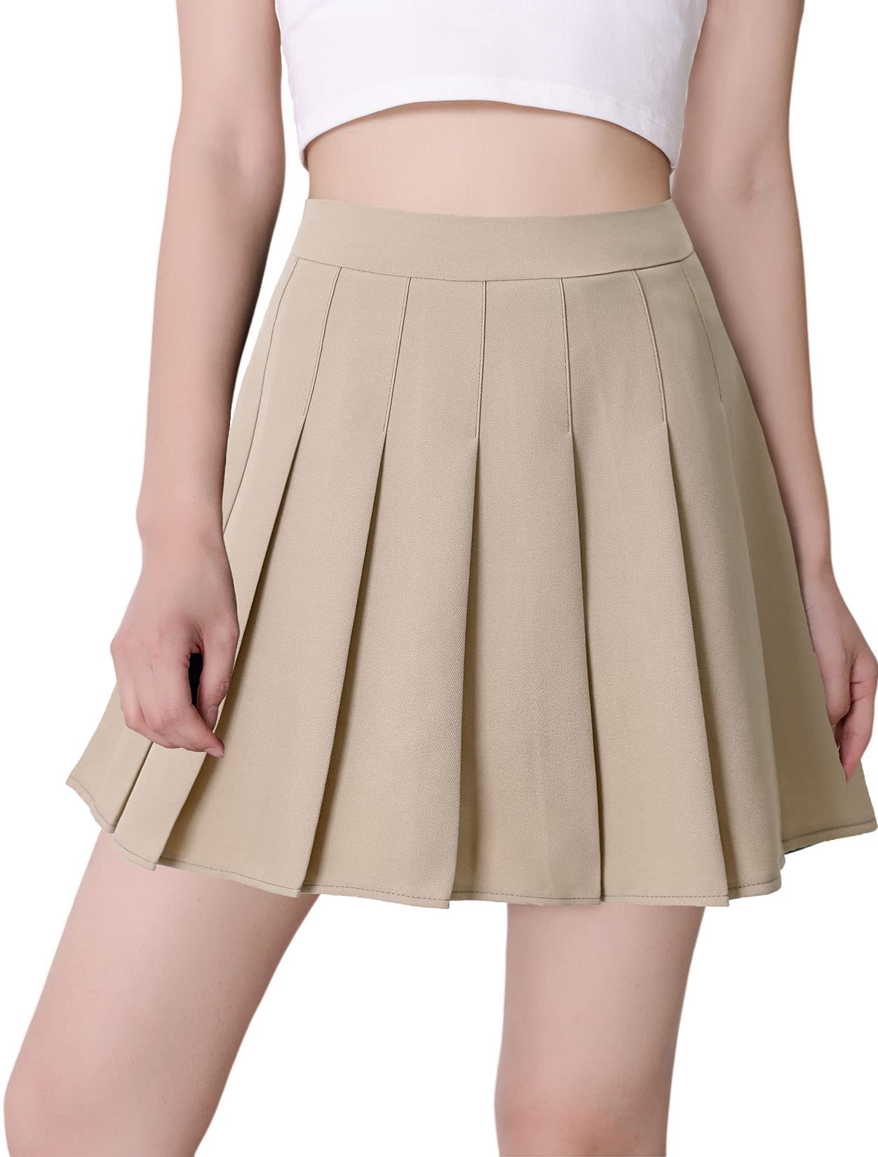 Hoerev Beige Mini Plaid Pleated Skater Tennis School Uniform Skirt with Lining Shorts,US 2