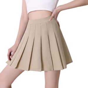 Hoerev Beige Mini Plaid Pleated Skater Tennis School Uniform Skirt with Lining Shorts,US 2