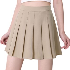 Hoerev Beige Mini Plaid Pleated Skater Tennis School Uniform Skirt with Lining Shorts,US 2