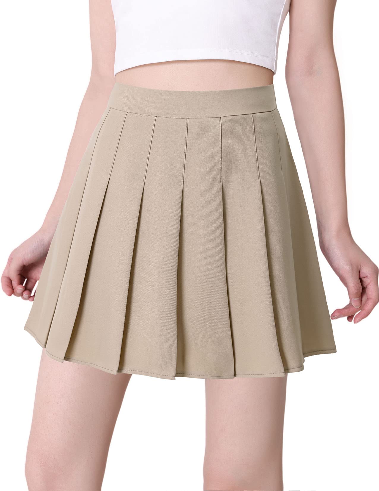 Hoerev Beige Mini Plaid Pleated Skater Tennis School Uniform Skirt with Lining Shorts,US 2