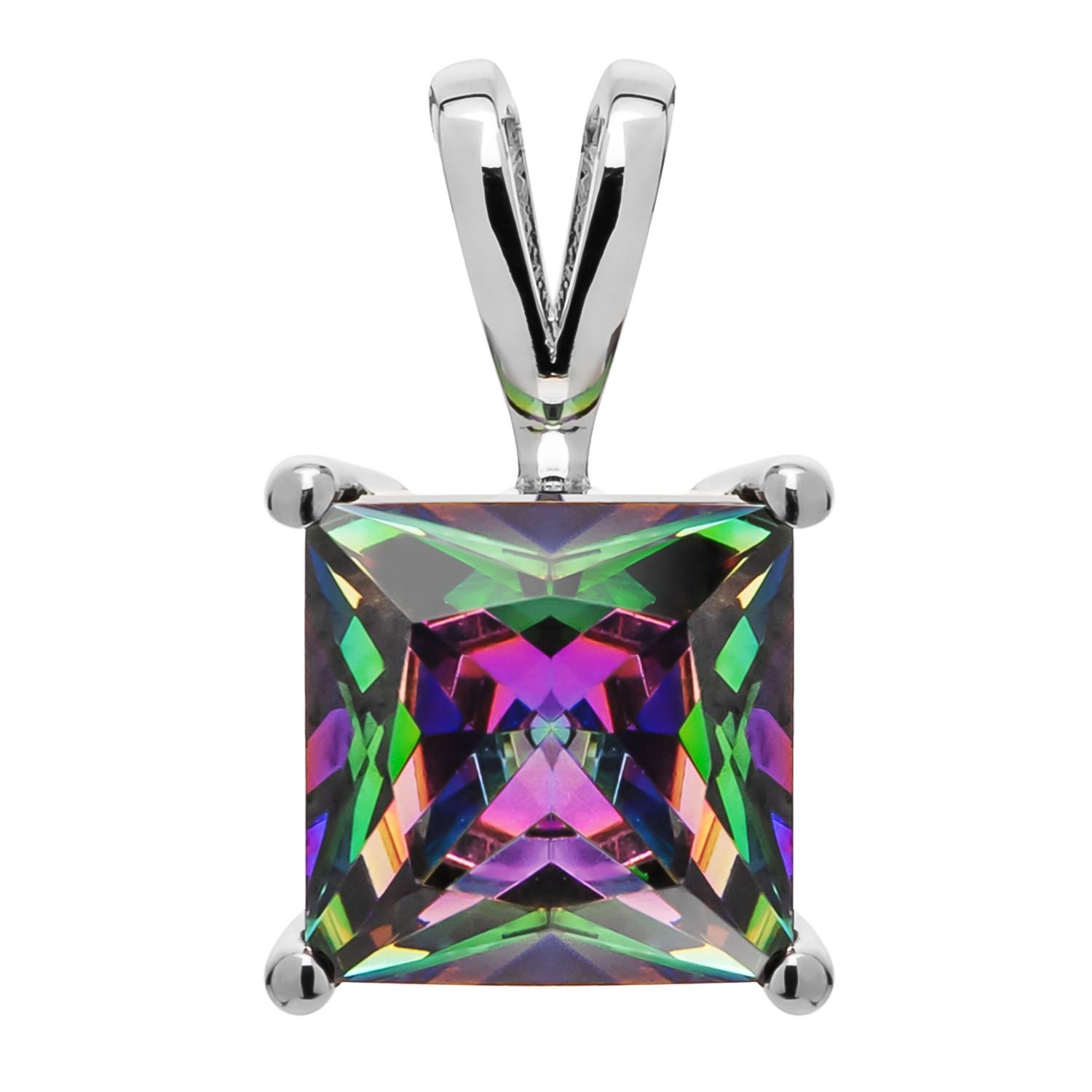 Everyday Elegance 14K Solid White Gold Pendant Only | Princess Cut Rainbow Mystic Cubic Zirconia Solitaire | 2 Carat | With Gift Box