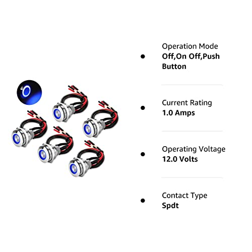 5Pcs 19mm 12V Waterproof ON Off Latching Push Button Switch with Wiring Harness and Led Indicator Light, 24V Pre-Wired SPDT Self-Locking 4 Pin Marine Metal Switch for Boats Cars Truck (Blue)