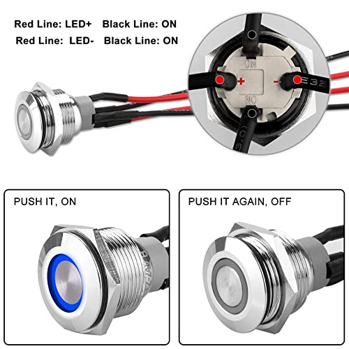 5Pcs 19mm 12V Waterproof ON Off Latching Push Button Switch with Wiring Harness and Led Indicator Light, 24V Pre-Wired SPDT Self-Locking 4 Pin Marine Metal Switch for Boats Cars Truck (Blue)