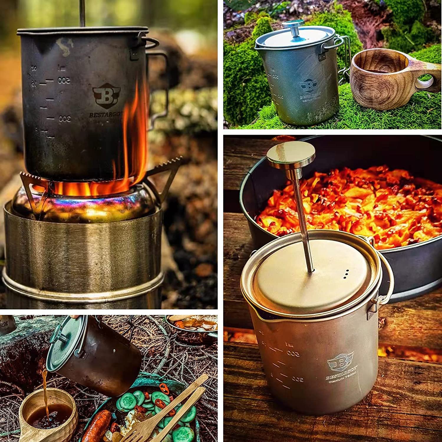 Bestargot Camping Titanium Pot, French Press Coffee Maker, Camp Cooking Pot with Light Wood knob, 750ml Camping Cup for Camping Hiking Backpacking, Capacity 25 Fl Oz