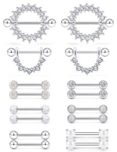 lcolyoli 8 pairs 16g surgical steel nipplerings cz nipple piercing barbell dangle nipple rings for women silver-tone