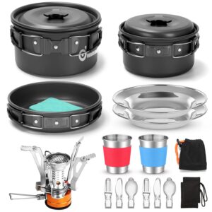 odoland 16pcs camping cookware mess kit with folding camping stove, non-stick lightweight pots pan set with stainless steel cups plates forks knives spoons for camping, backpacking, outdoor cooking