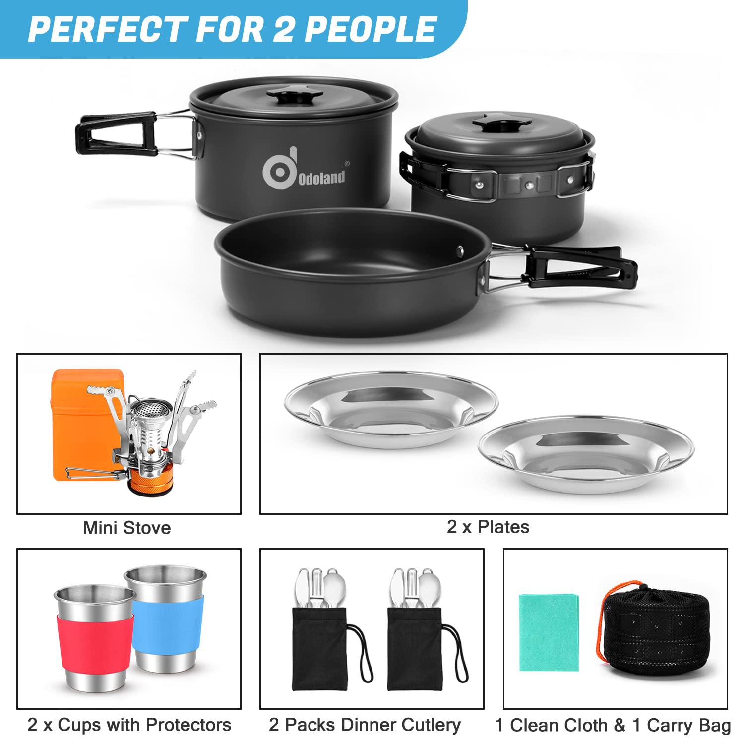 Odoland 16pcs Camping Cookware Mess Kit with Folding Camping Stove, Non-Stick Lightweight Pots Pan Set with Stainless Steel Cups Plates Forks Knives Spoons for Camping, Backpacking, Outdoor Cooking