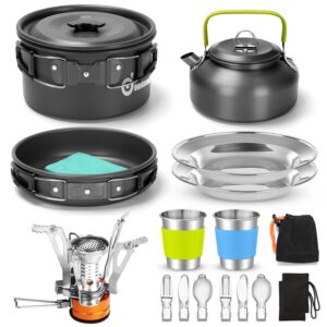 odoland 16pcs camping cookware set with folding camping stove, non-stick lightweight pot pan kettle set with stainless steel cups plates forks knives spoons for camping backpacking outdoor picnic