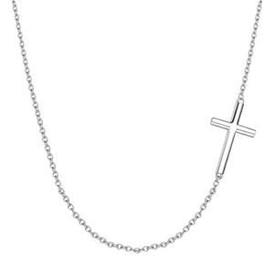 fancime white gold plated 925 sterling silver high polished horizontal plain sideways cross crucifix pendant necklace fine jewelry gift for women, 16" + 2" extender