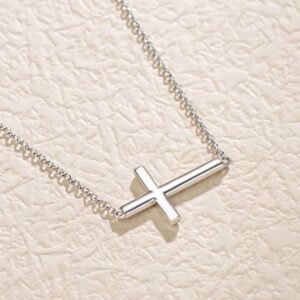 FANCIME White Gold Plated 925 Sterling Silver High Polished Horizontal Plain Sideways Cross Crucifix Pendant Necklace Fine Jewelry Gift For Women, 16" + 2" Extender