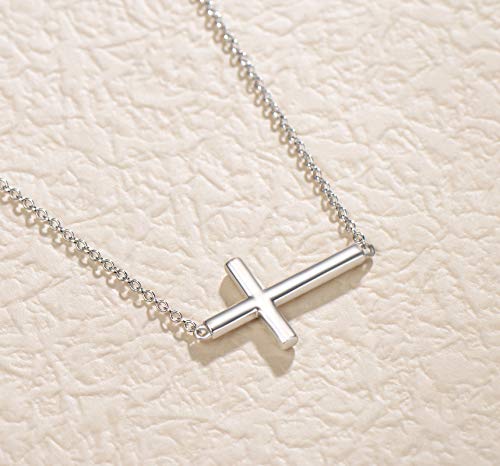 FANCIME White Gold Plated 925 Sterling Silver High Polished Horizontal Plain Sideways Cross Crucifix Pendant Necklace Fine Jewelry Gift For Women, 16" + 2" Extender