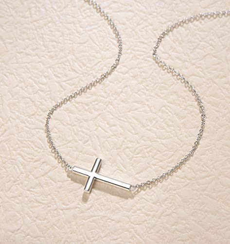 FANCIME White Gold Plated 925 Sterling Silver High Polished Horizontal Plain Sideways Cross Crucifix Pendant Necklace Fine Jewelry Gift For Women, 16" + 2" Extender